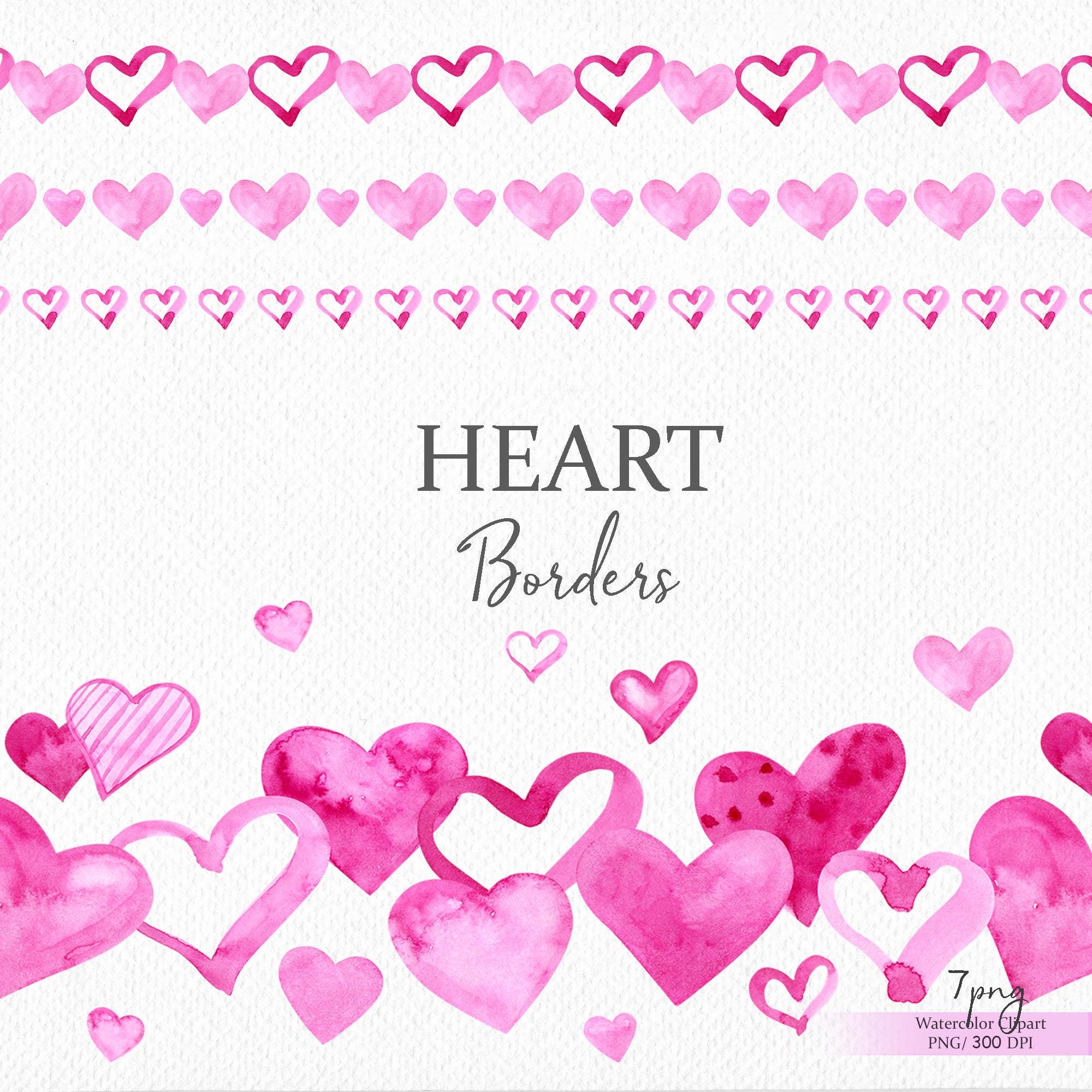 Watercolor Heart Borders Clipart, Seamless Valentine Border 7 PNG, Hand ...