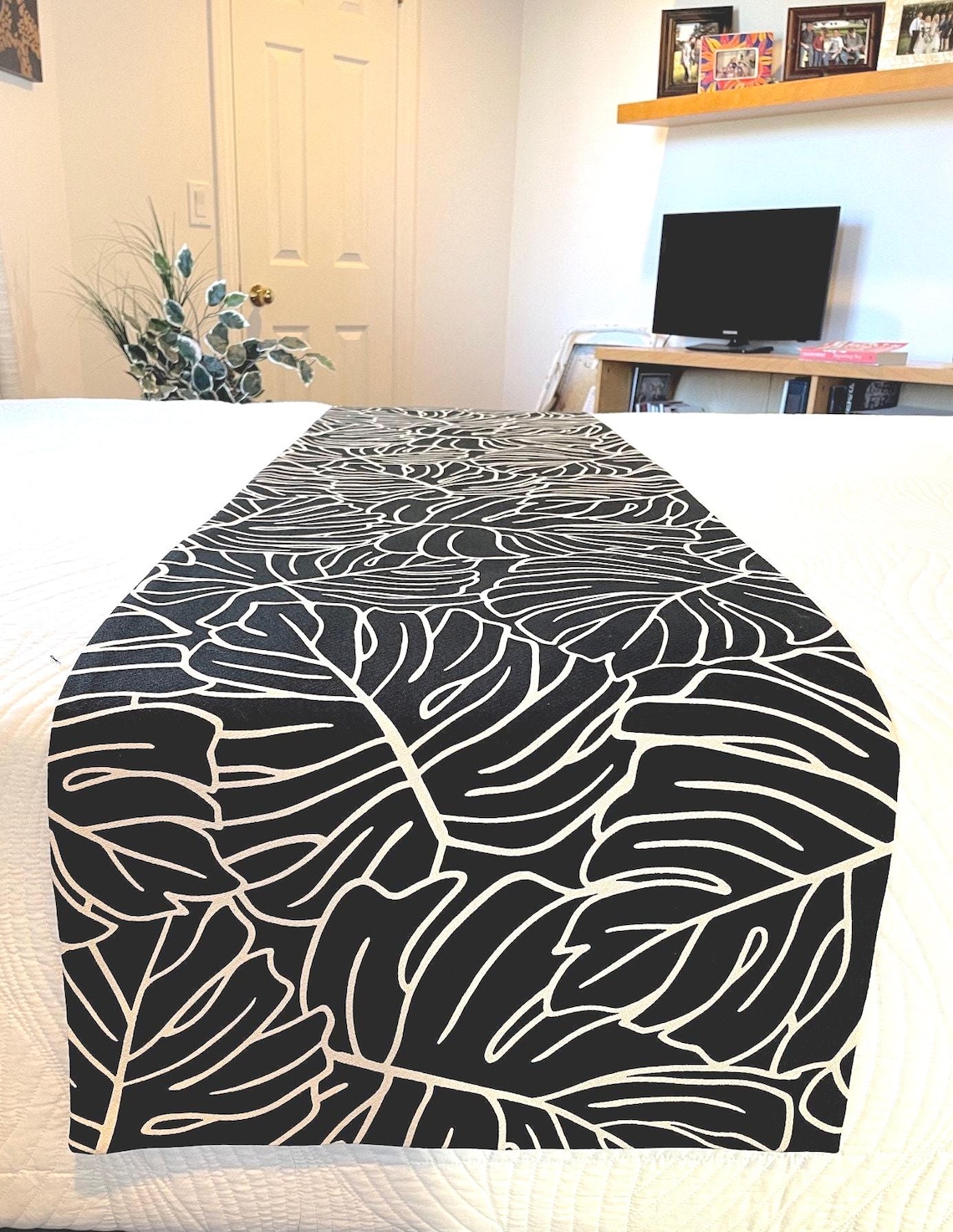 Tropical King Bed Runner/black and Cream Monstera Leaf Print in ...