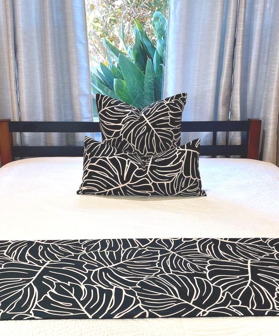 Tropical King Bed Runner/black and Cream Monstera Leaf Print in ...