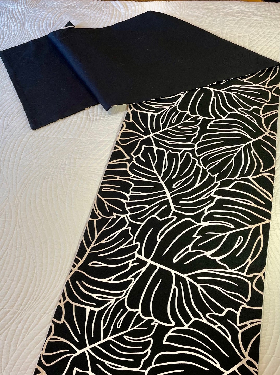 Tropical King Bed Runner/black and Cream Monstera Leaf Print in ...