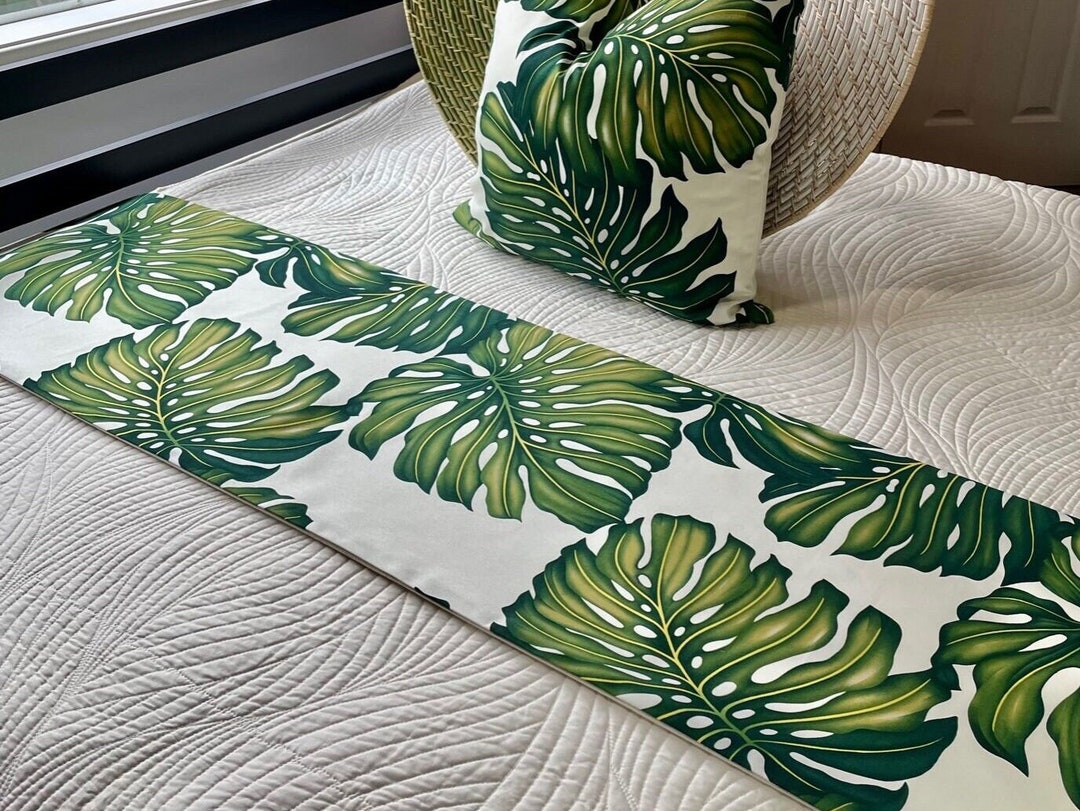 Shades of Green Monstera Leaf Print Reversible Tropical Bed Runner 94 X ...