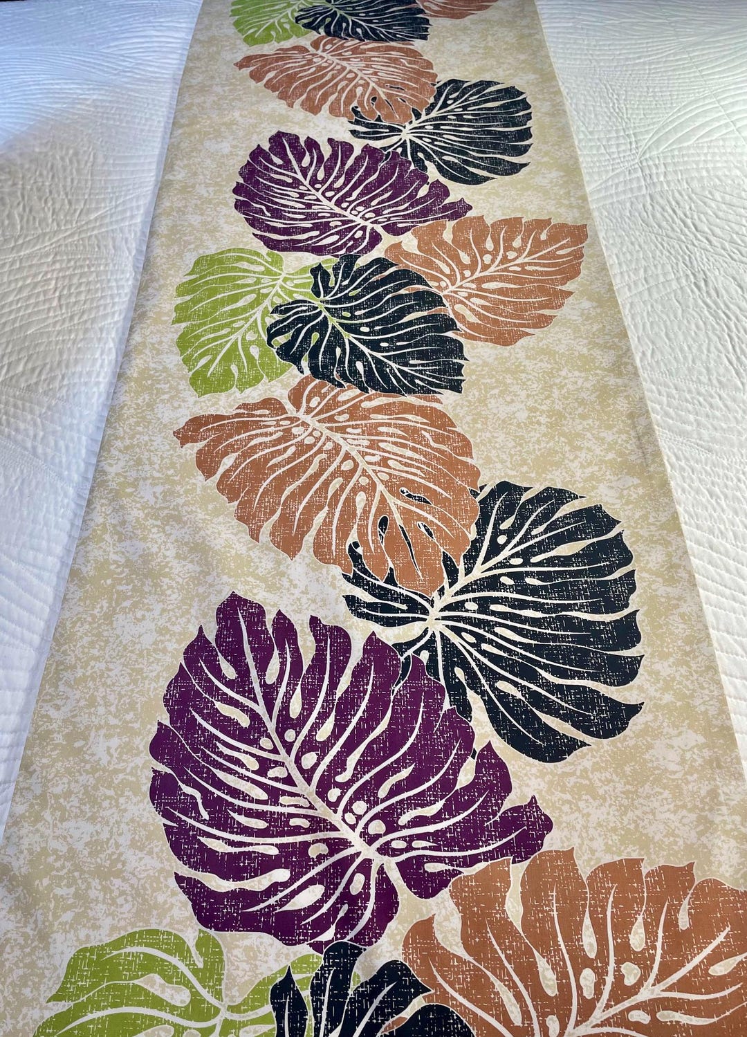 Multi Colored Monstera Leaf Print Bed Runner, 18" X 86", Fits a Queen ...