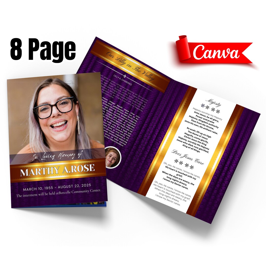 8 Page Purple Funeral Program Template, Canva Funeral Template ...