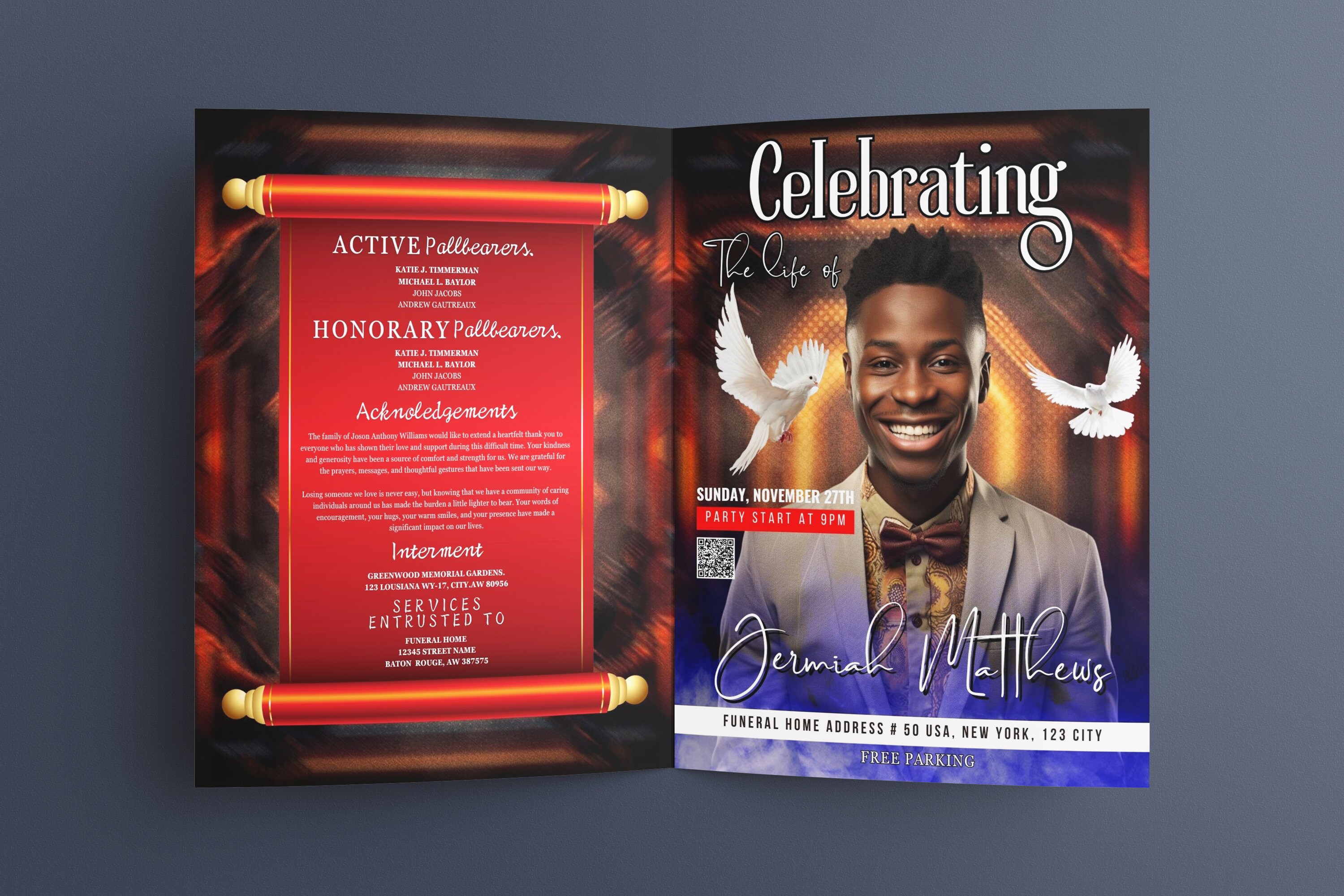 8 Page Red Gold Funeral Program Template, Canva Funeral Booklet ...