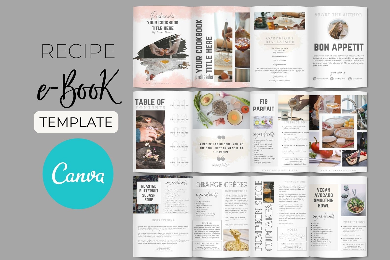 Cookbook Canva Template, Canva Recipe Book Template, Editable Recipe ...