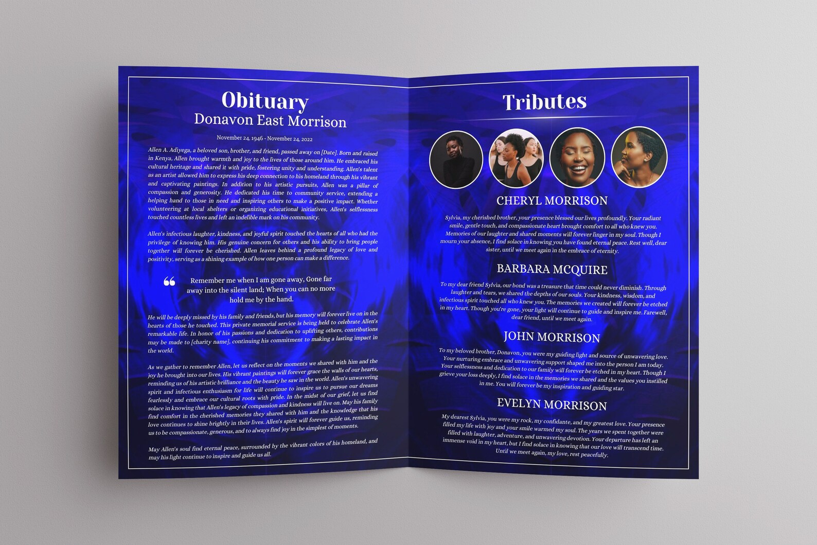 8 Page Royal Blue Funeral Program Canva Template, Tabloid Template ...
