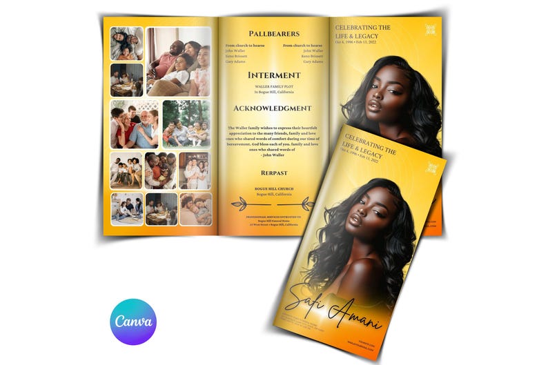 Trifold Funeral Program Template for Canva, in Loving Memory, Obituary ...