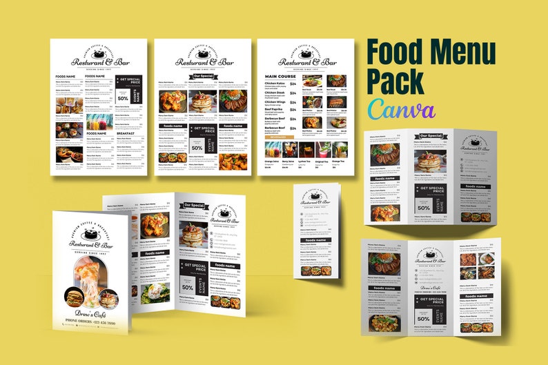 Food Menu Pack Canva, Tri-fold Restaurant Food Menu Canva Template ...