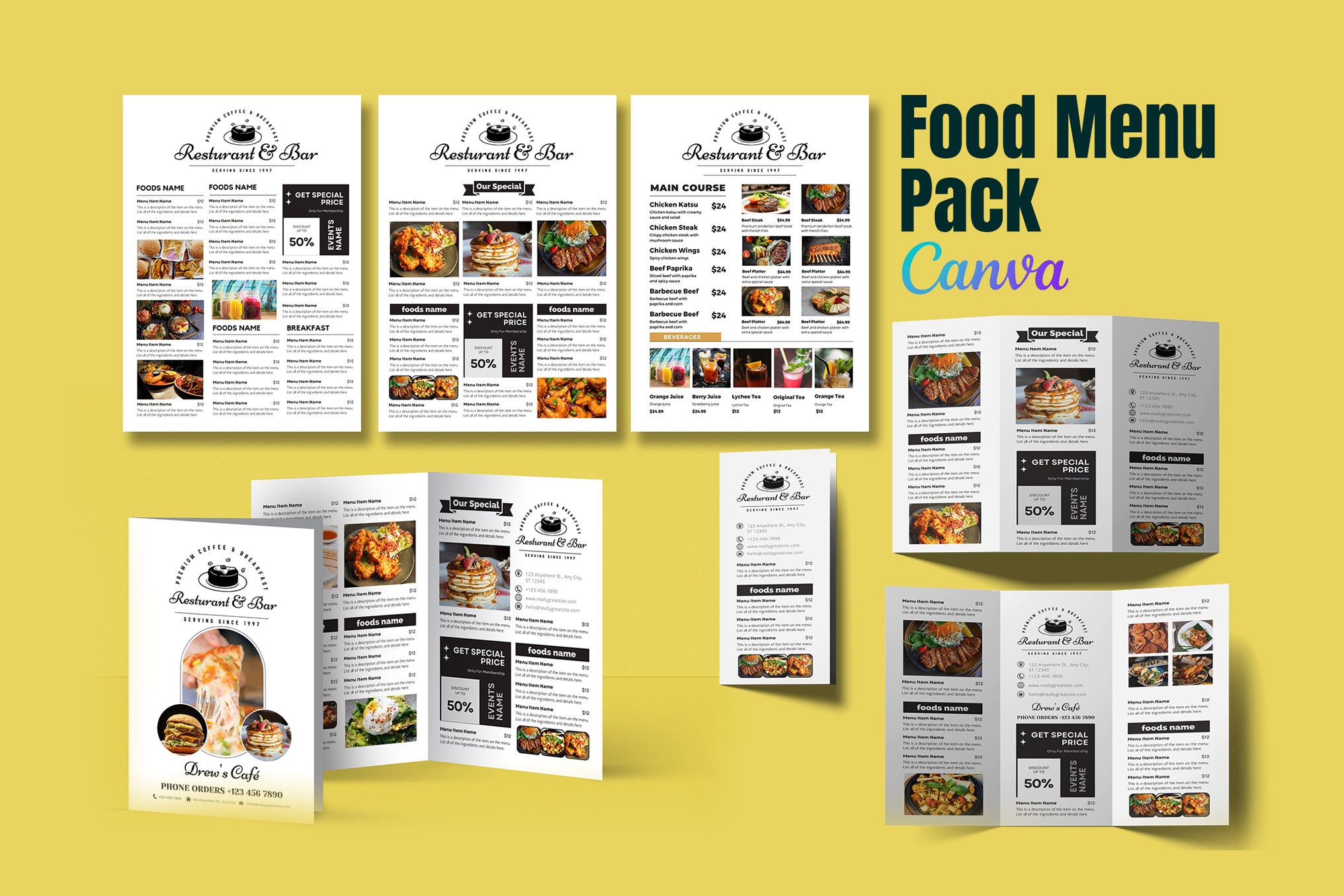 Food Menu Pack Canva, Tri-fold Restaurant Food Menu Canva Template ...
