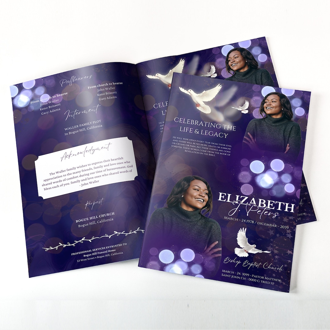 8 PAGE BOOKLET Memorial Program Blue Bling Funeral Program celebration ...