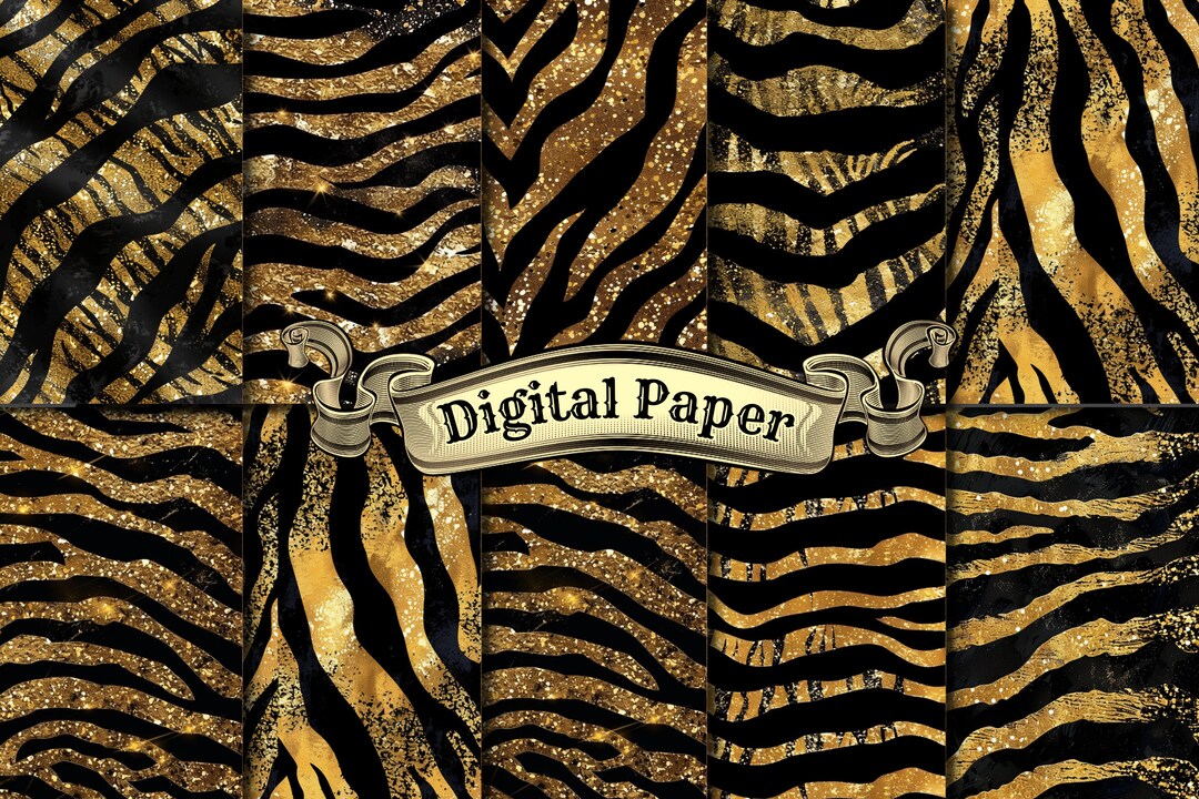 Black and Gold Glam Digital Paper, Tiger Stripes, and Zebra Print ...
