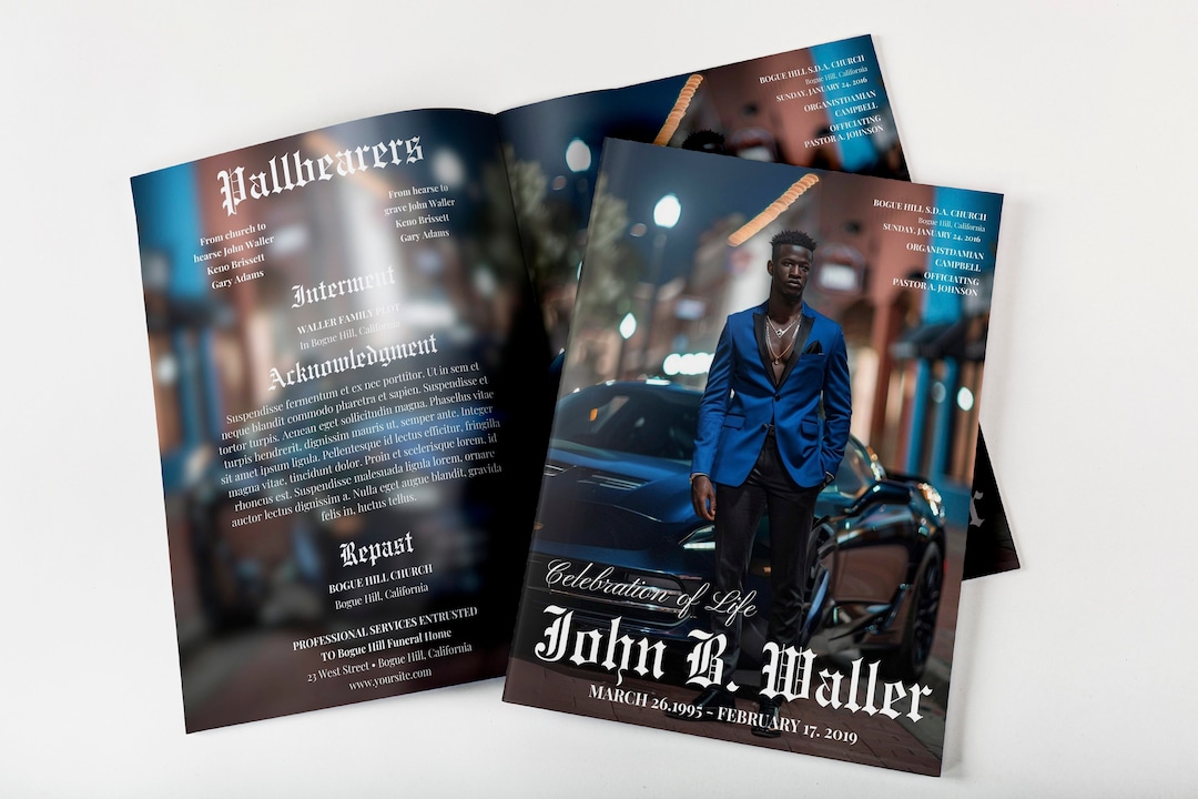 Blue Car Magazine Style Funeral Program Canva Template 17"x11" Booklet ...