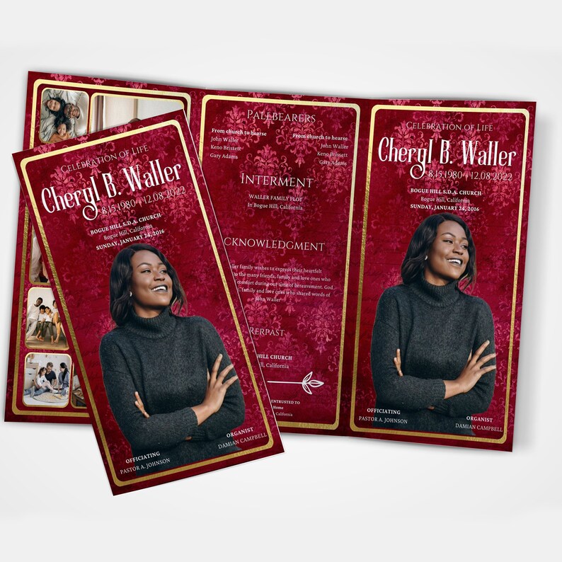 Red Trifold Funeral Program Canva Template | Funeral Program | Memorial ...