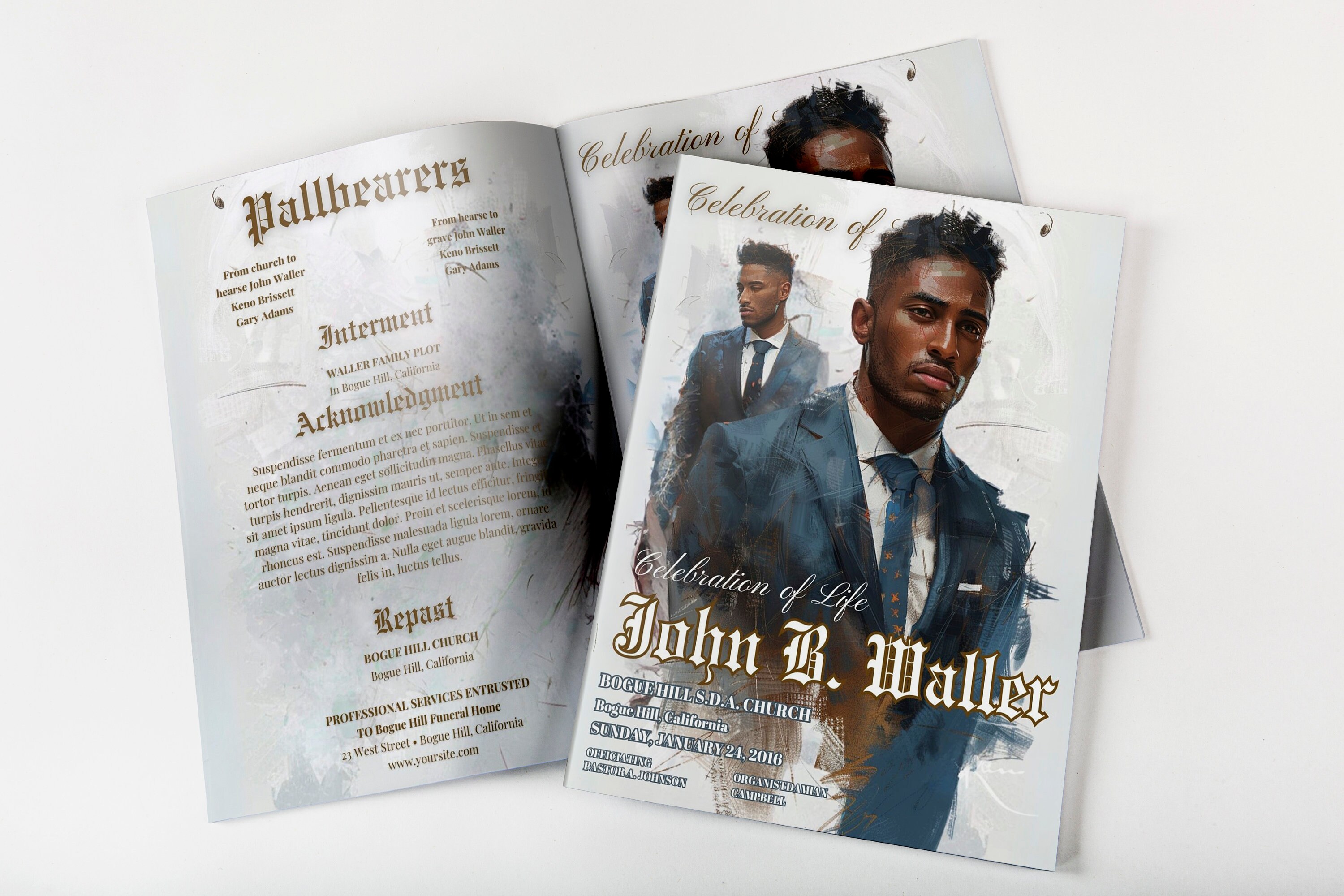 White Magazine Style Funeral Program Canva Template 17"x11" Booklet (8 ...