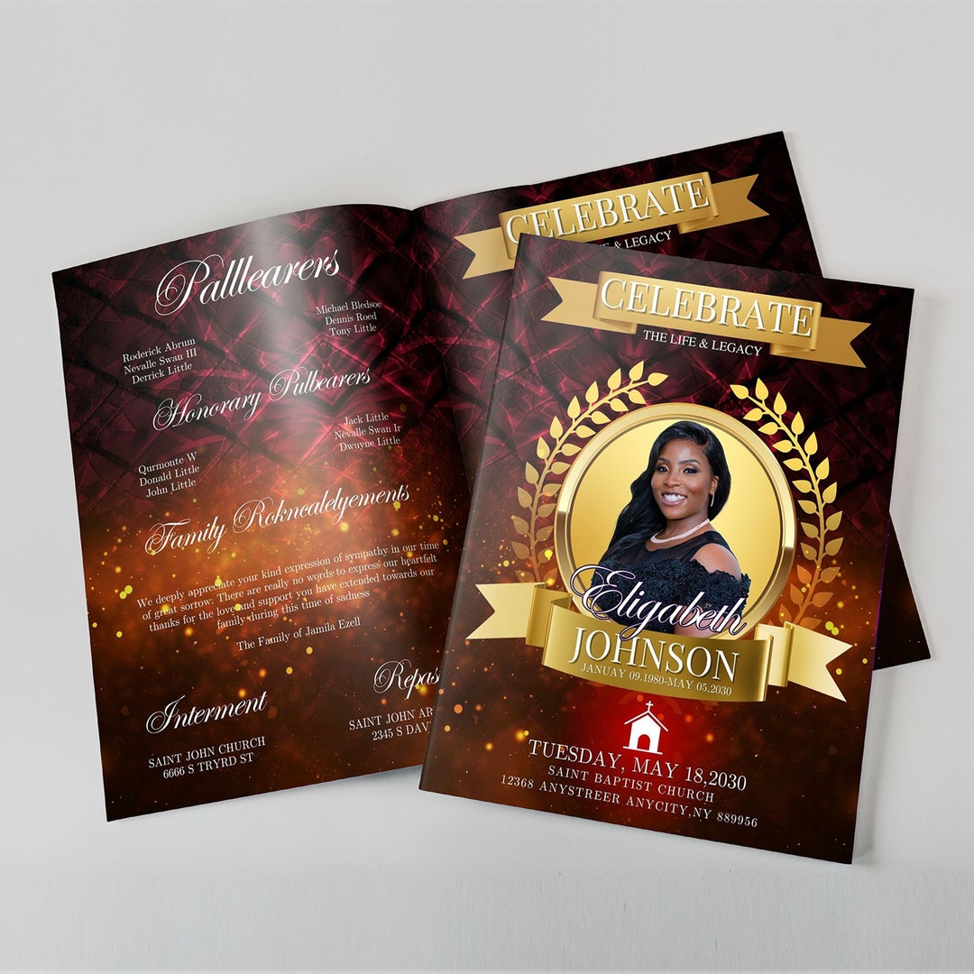 8 Page Modern Black Funeral Program Template , Editable Bi-fold Red ...