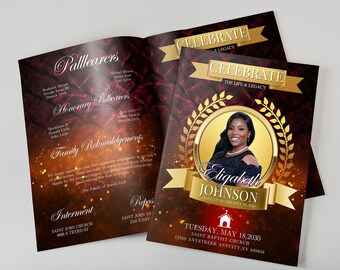 Canva Funeral Program Template 8 Page, Editable Bi-fold Black & Gold Obituary Printable, in ...