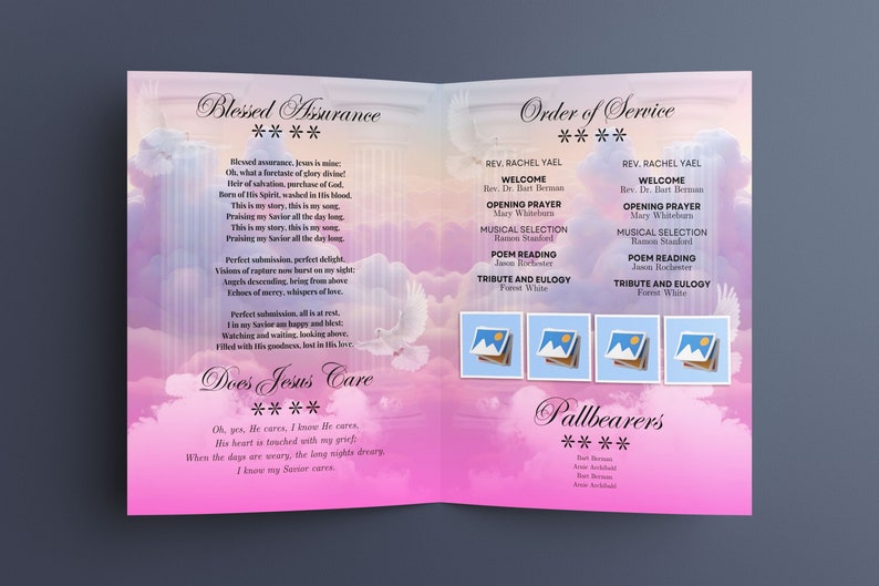 Modern Pink Funeral Program Template , Editable Bi-fold Black & Gold ...