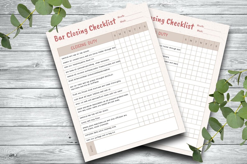 Editable Bar Closing Checklist, Restaurant Bar Cleaning List, Bar ...