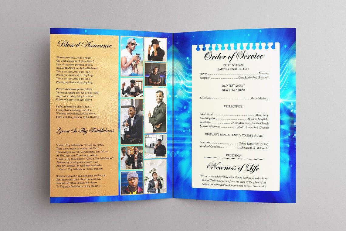 Sky Blue Funeral Program Template, Magazine Style in Loving Memory ...