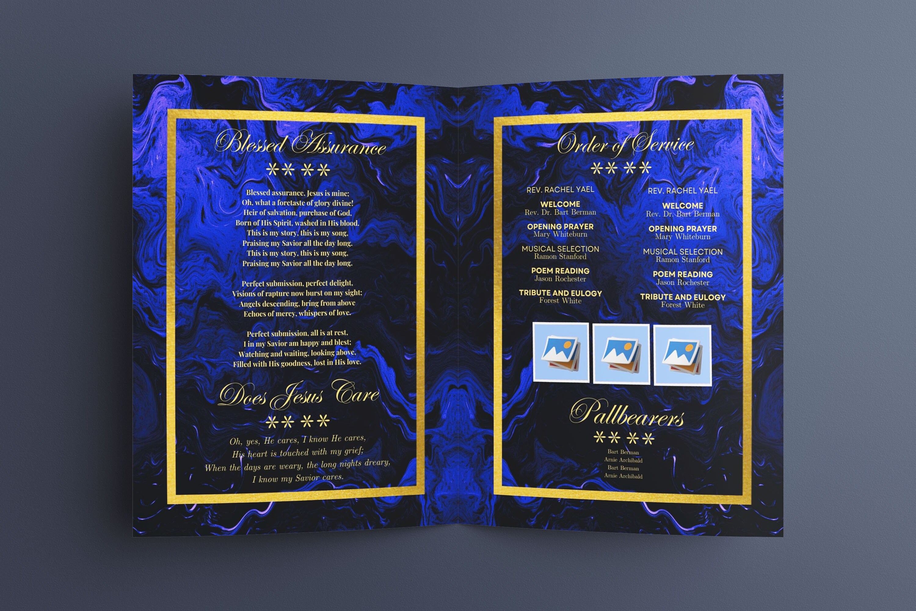 8 Page Luxury Blue Funeral Program Template , Editable Bi-fold Black ...