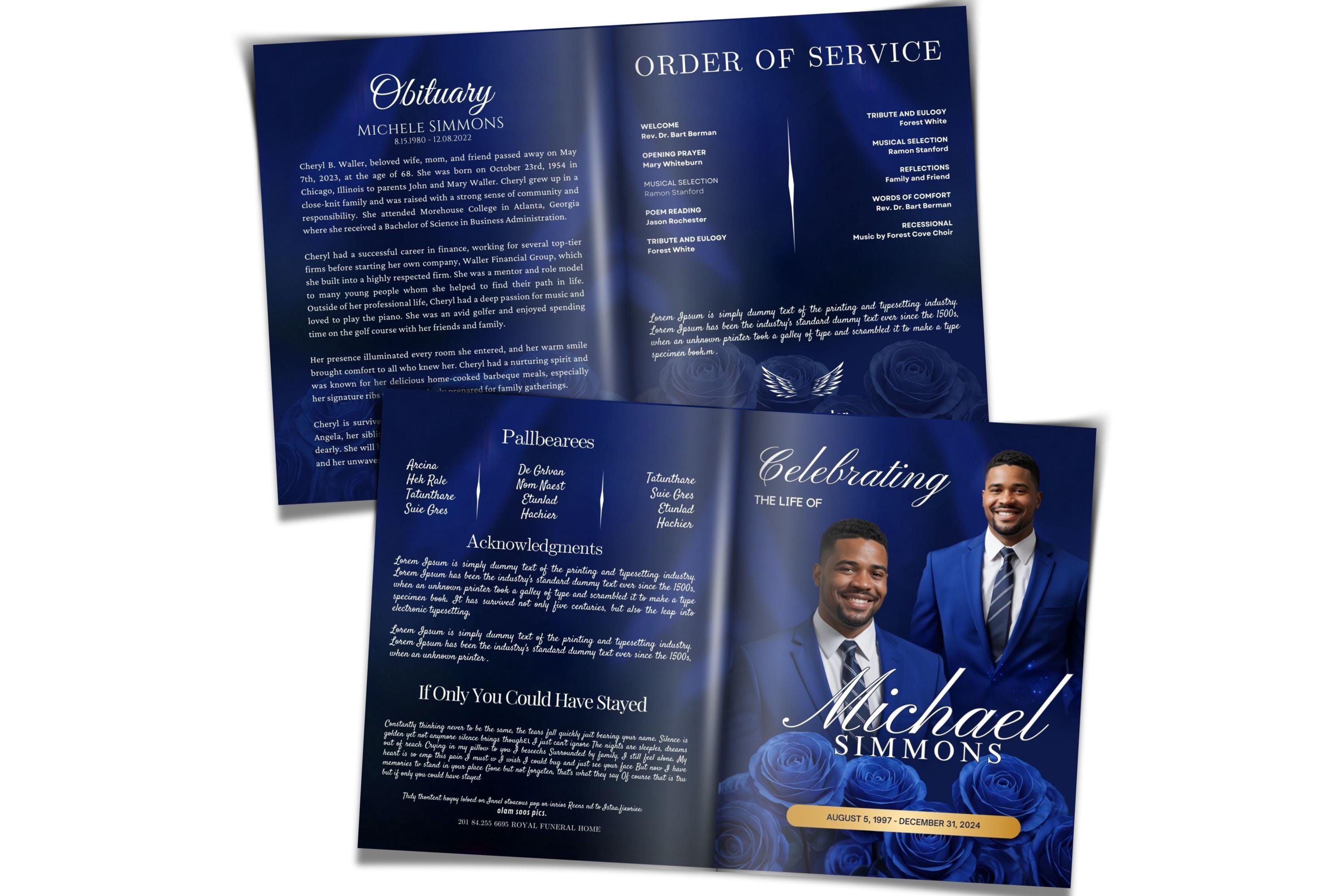 Royal Blue Funeral Service Program| Printable 8-page Obituary Template ...