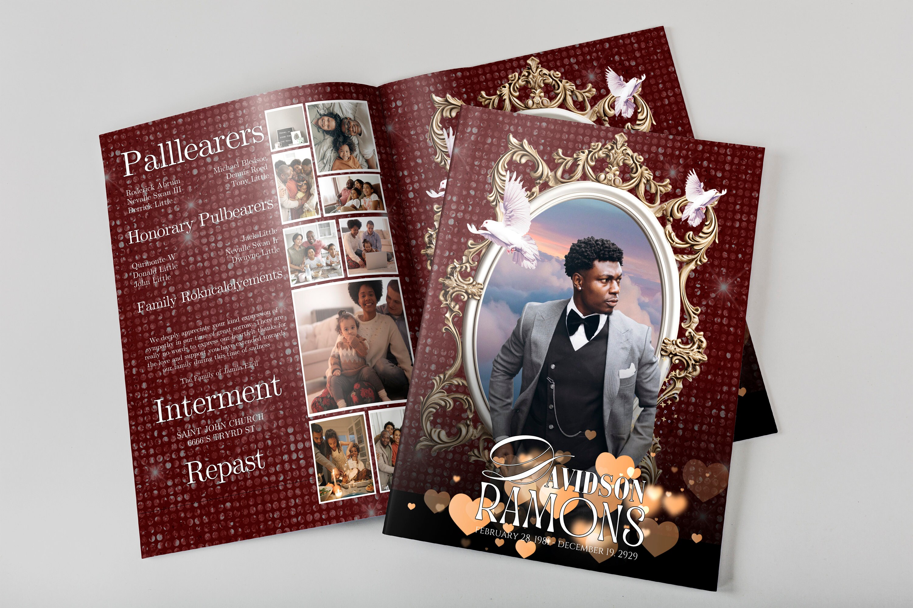 Red Glitter Funeral Program |celebration of Life |8.5"x11" BOOKLET ...