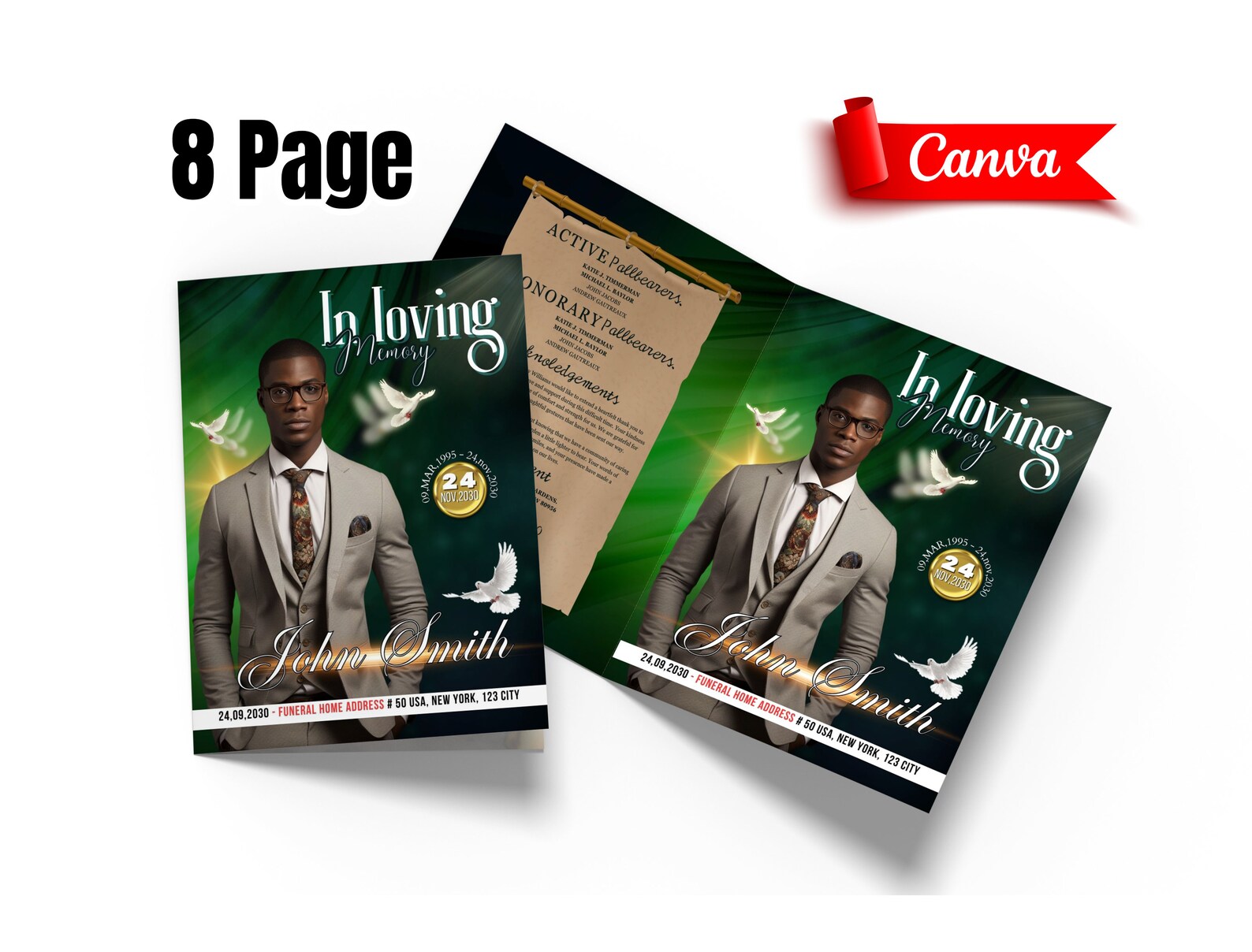 8 Page Modern Funeral Program Template, Canva Funeral Template ...