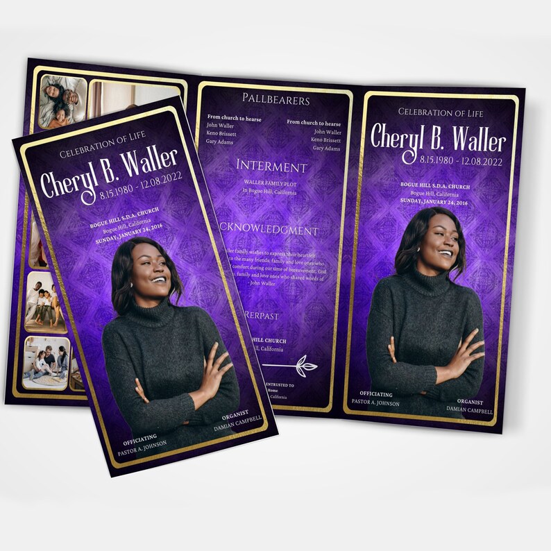 Purple Trifold Funeral Program Canva Template | Funeral Program ...