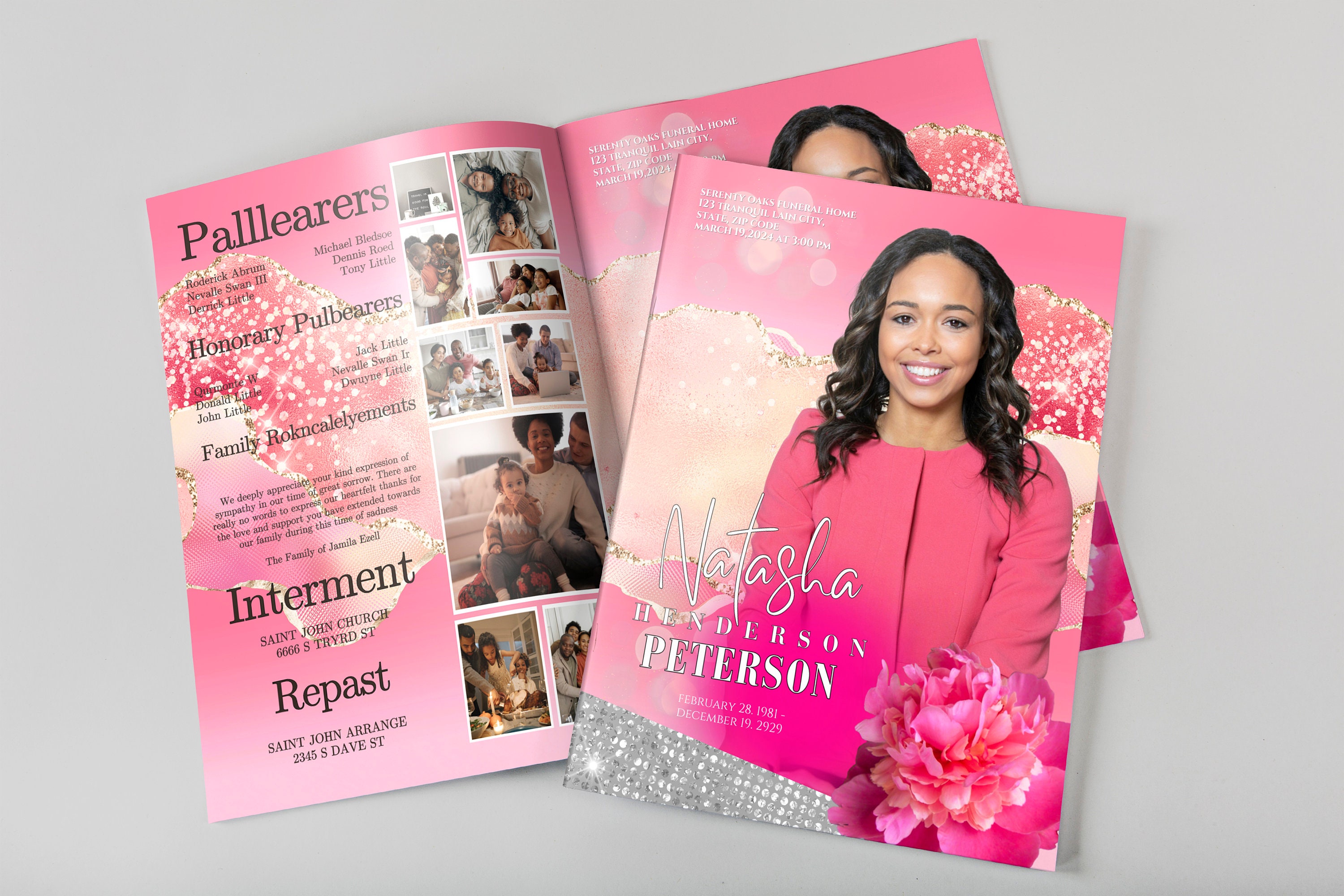 8 Page Pink Funeral Program Template | Pink Style Funeral Program ...