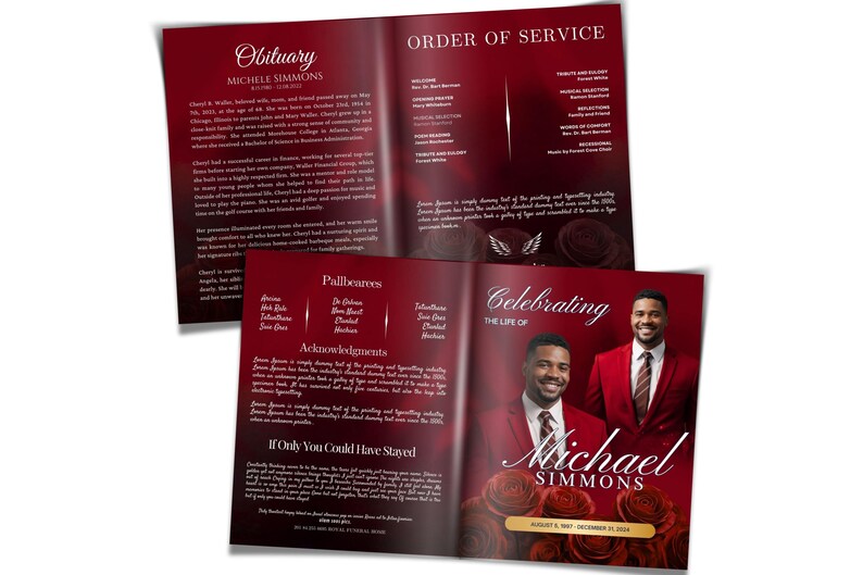 Modern Red Funeral Program Template | Editable & Printable 8 Pages | 8 ...
