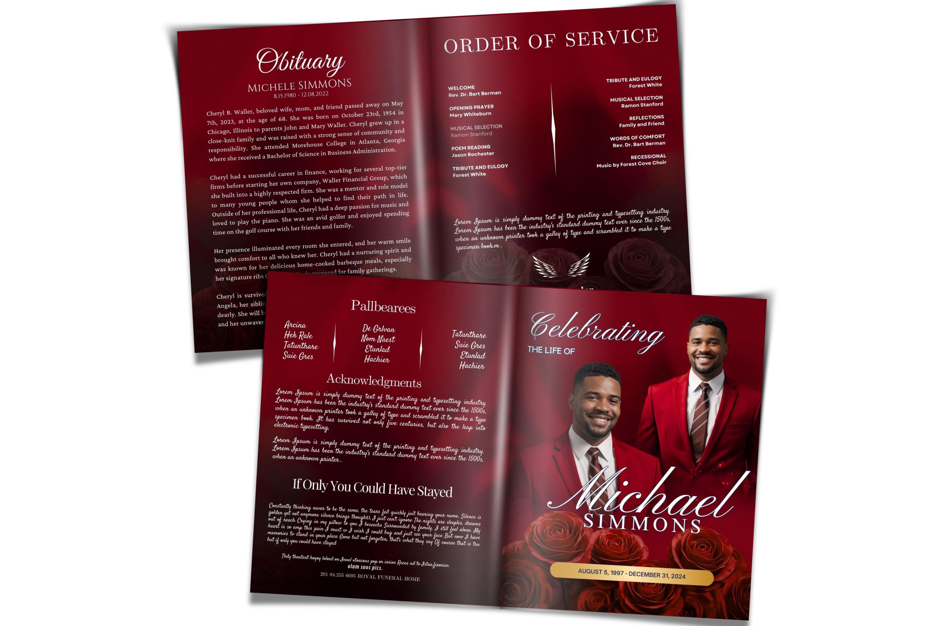 Modern Red Funeral Program Template | Editable & Printable 8 Pages | 8 ...