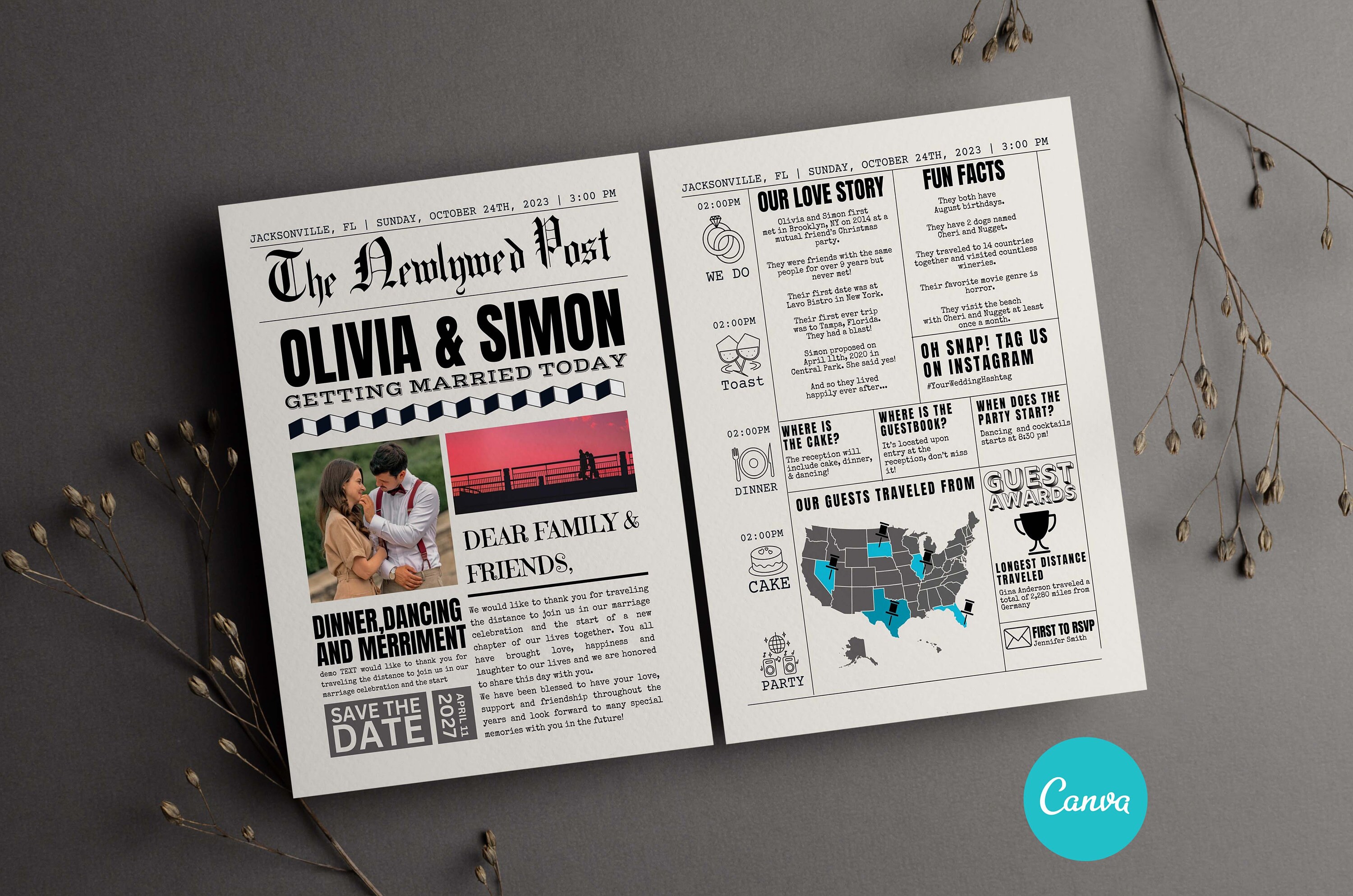 Fully Editable Newspaper Wedding Program Canva Template, Wedding ...