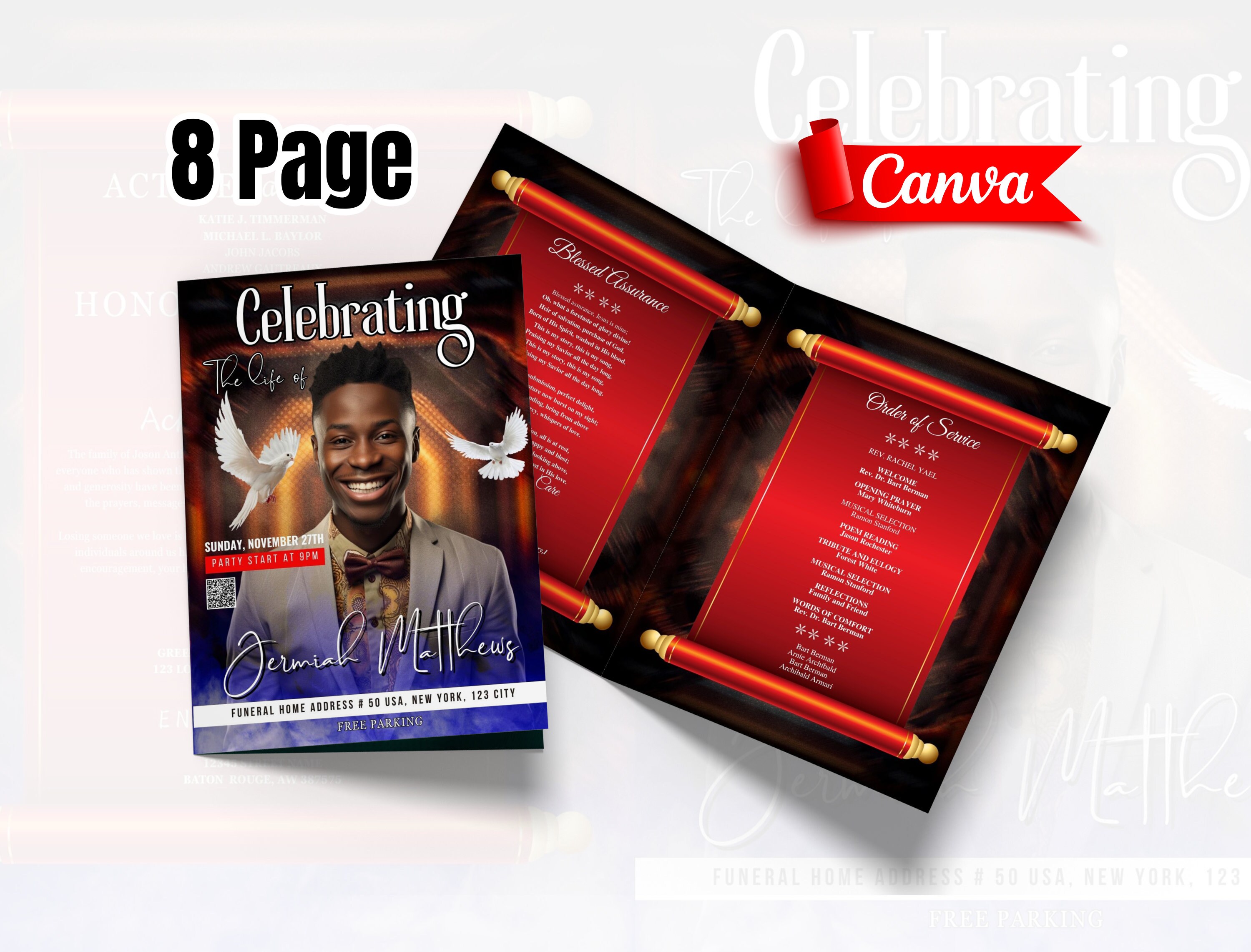 8 Page Red Gold Funeral Program Template, Canva Funeral Booklet ...