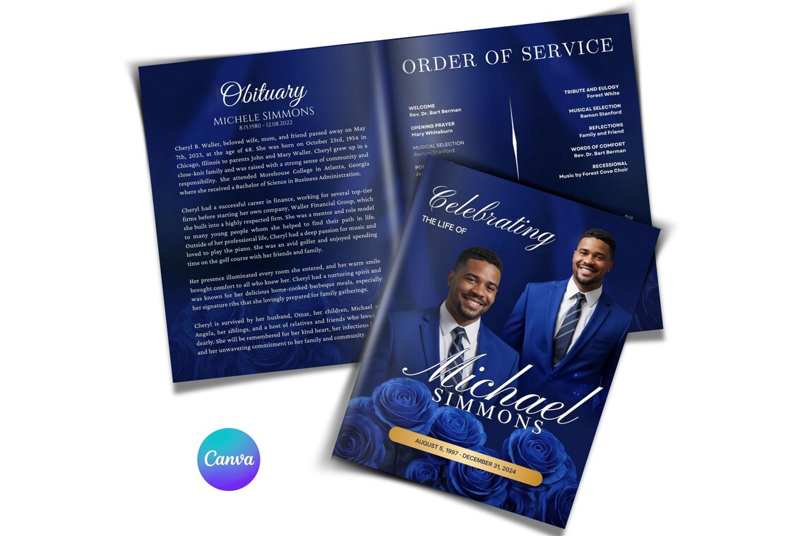 Royal Blue Funeral Service Program| Printable 8-page Obituary Template ...
