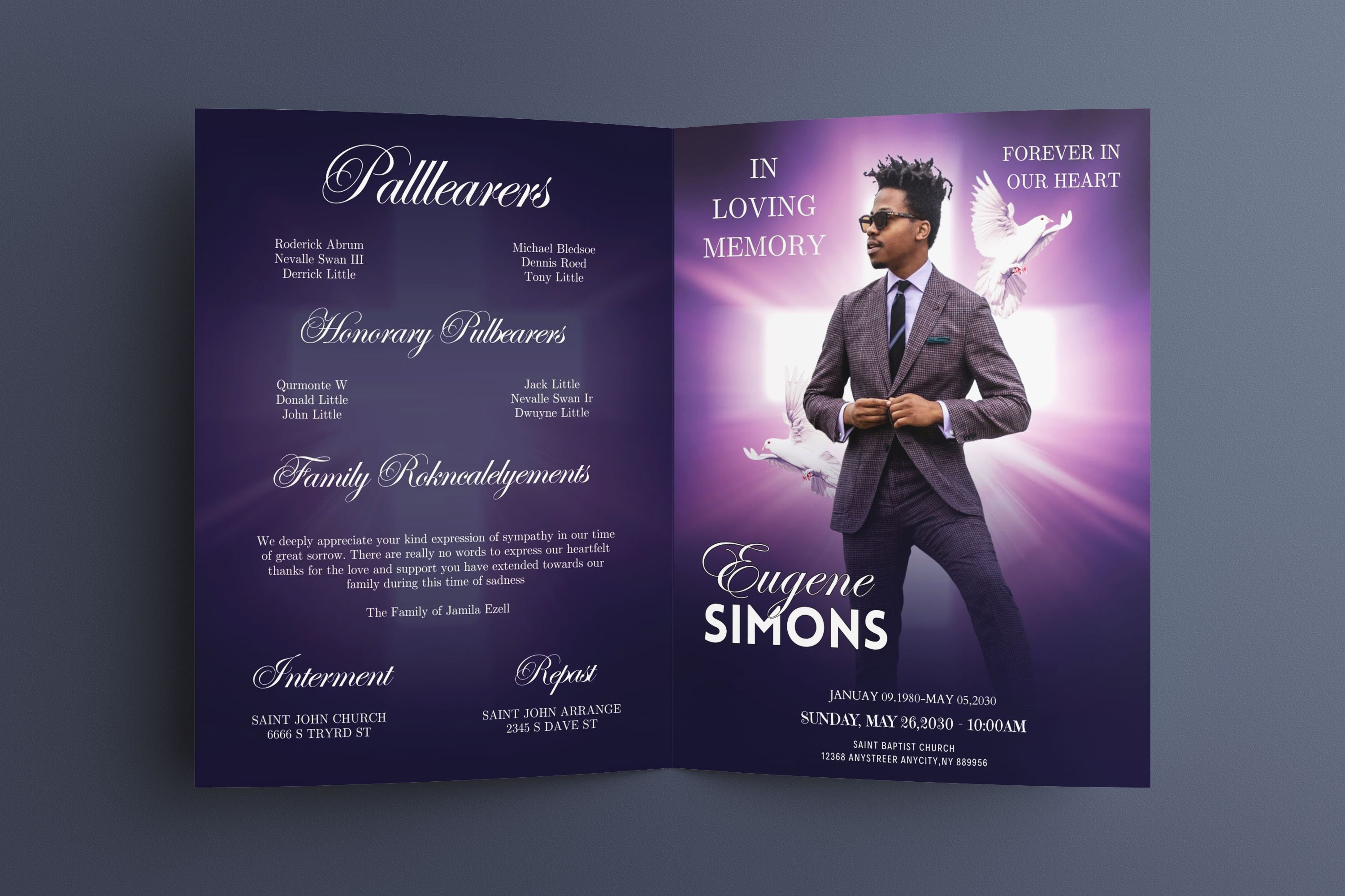 8 Page Funeral BOOKLET Memorial Program Purple Funeral Program ...