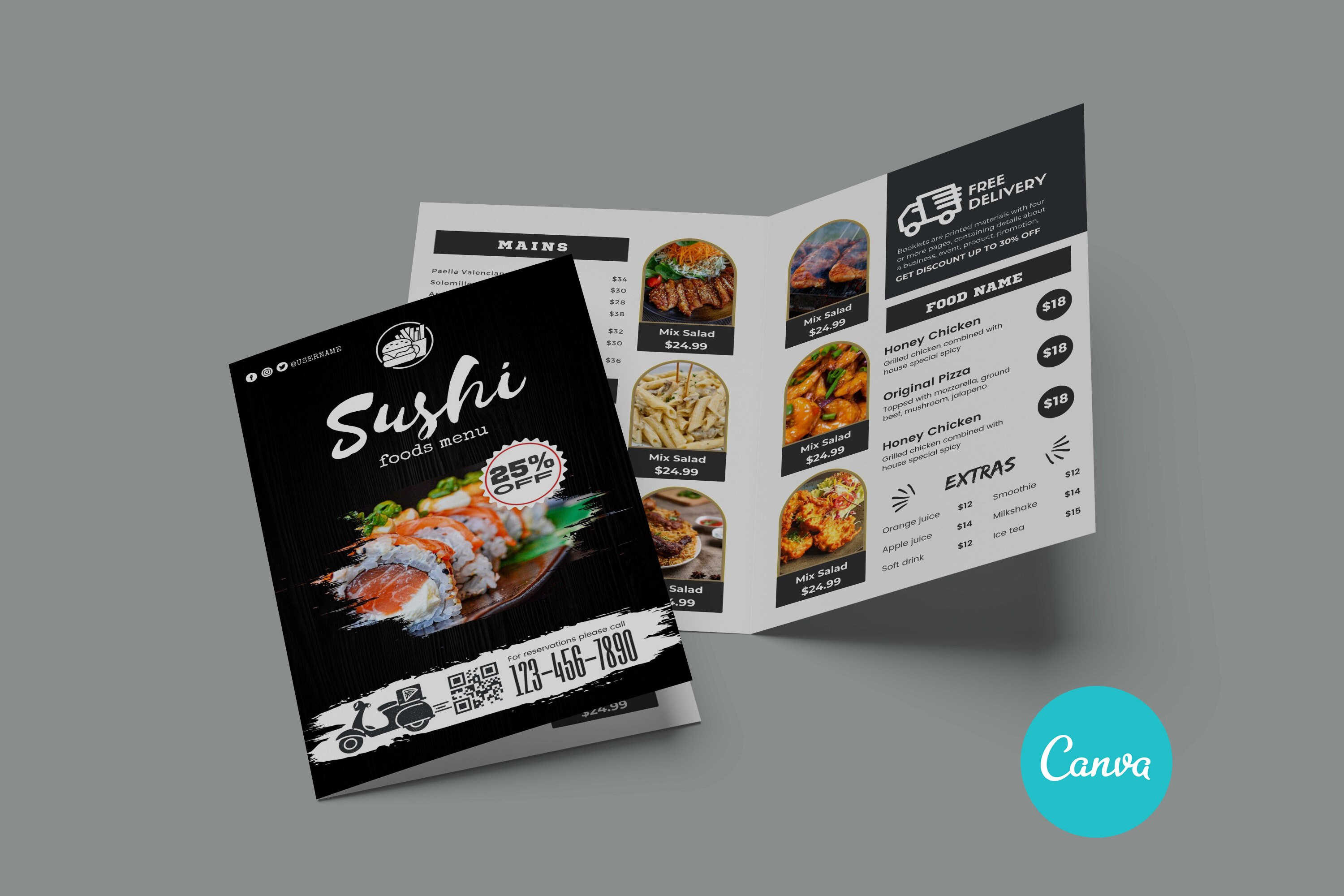 Food Menu Bi-fold Brochure Canva Template, DIY Food Menu Template ...