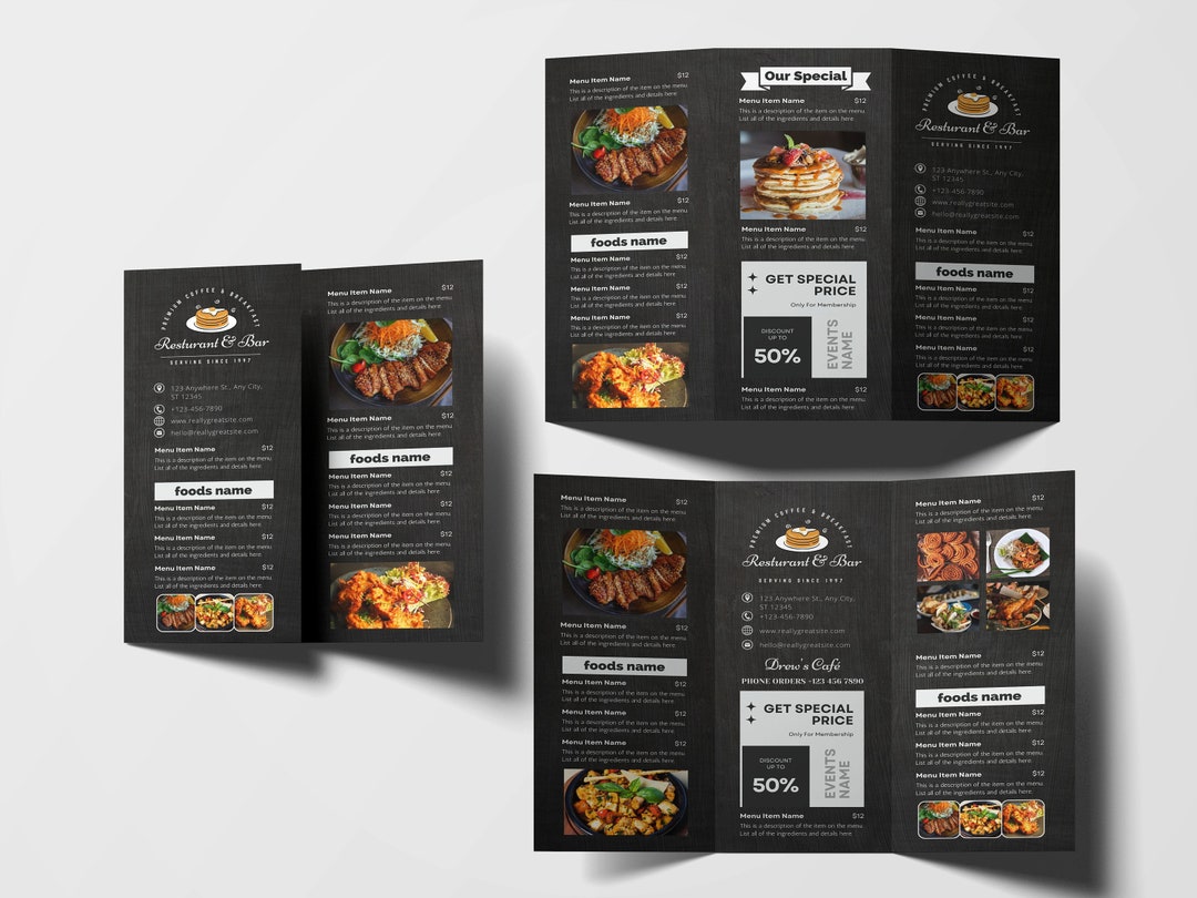 Black Trifold Food Menu Brochure Template, Modern Restaurant Menu ...