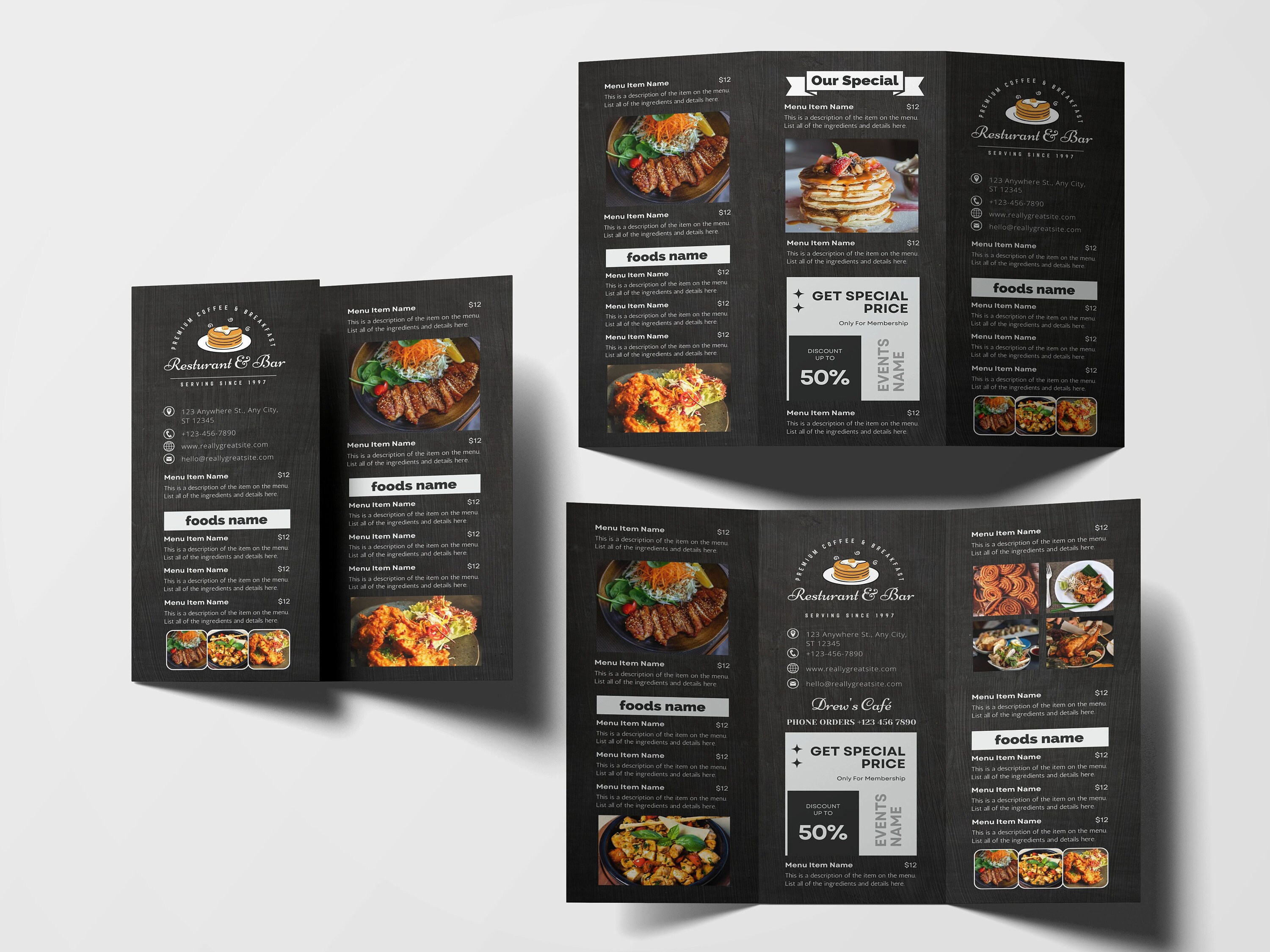 Black Trifold Food Menu Brochure Template, Modern Restaurant Menu ...