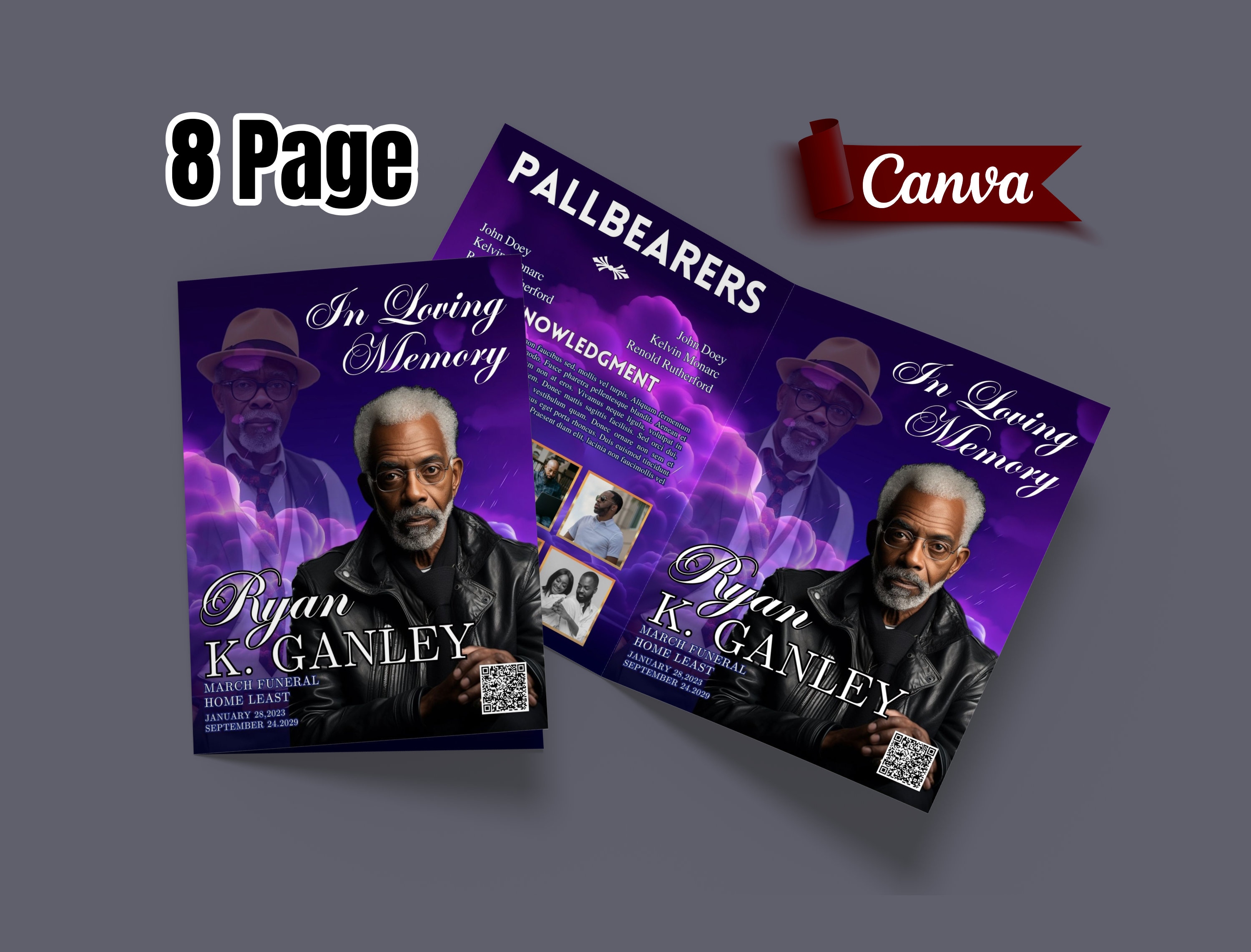 Editable 8-page Funeral Program Blue Keepsake, Elegant 8-page Purple ...