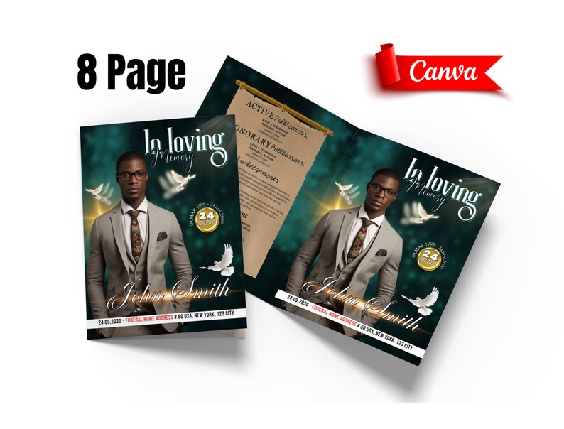 8 Page Green Funeral Program Template, Canva Funeral Template Printable ...
