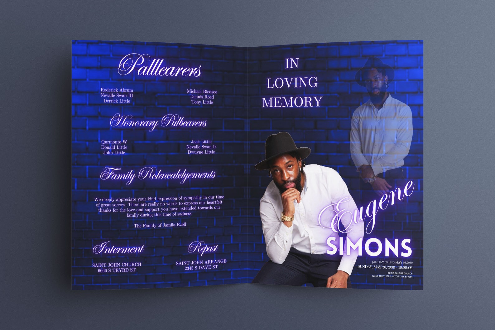 8 Page BOOKLET Memorial Program Template | Blue Bling Funeral Program ...