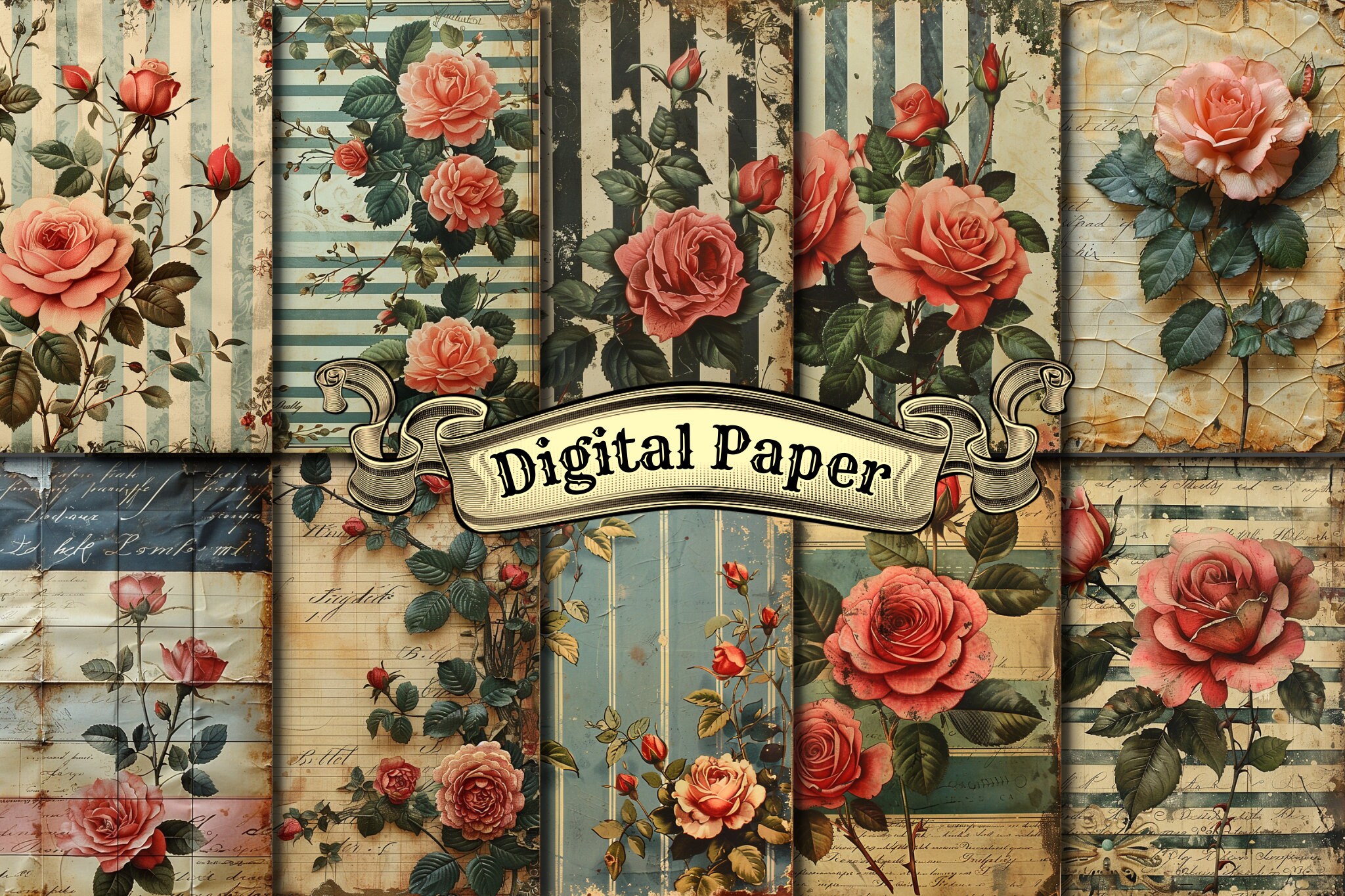 Rose Junk Journal Digital Paper, Rose Journal Kit, Vintage Journal ...