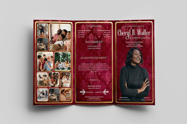Red Trifold Funeral Program Canva Template | Funeral Program | Memorial ...