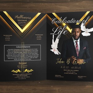 8 Page Black and Gold Funeral Program Template, 8 Page Funeral Booklet ...