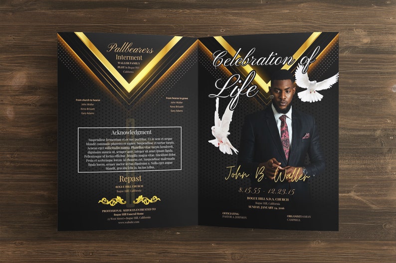 8 Page Black and Gold Funeral Program Template, 8 Page Funeral Booklet ...