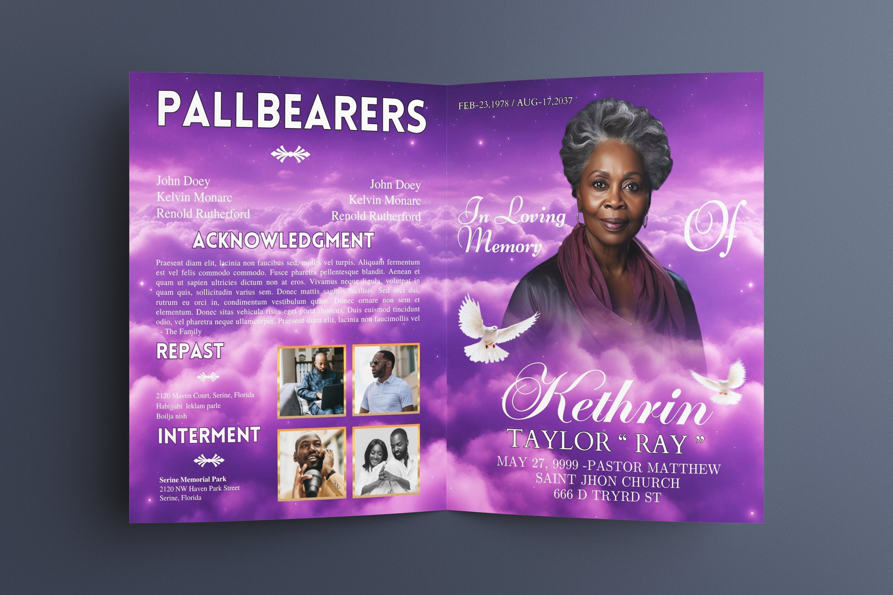 8 Page Purple Funeral Program Template, Canva Funeral Template ...