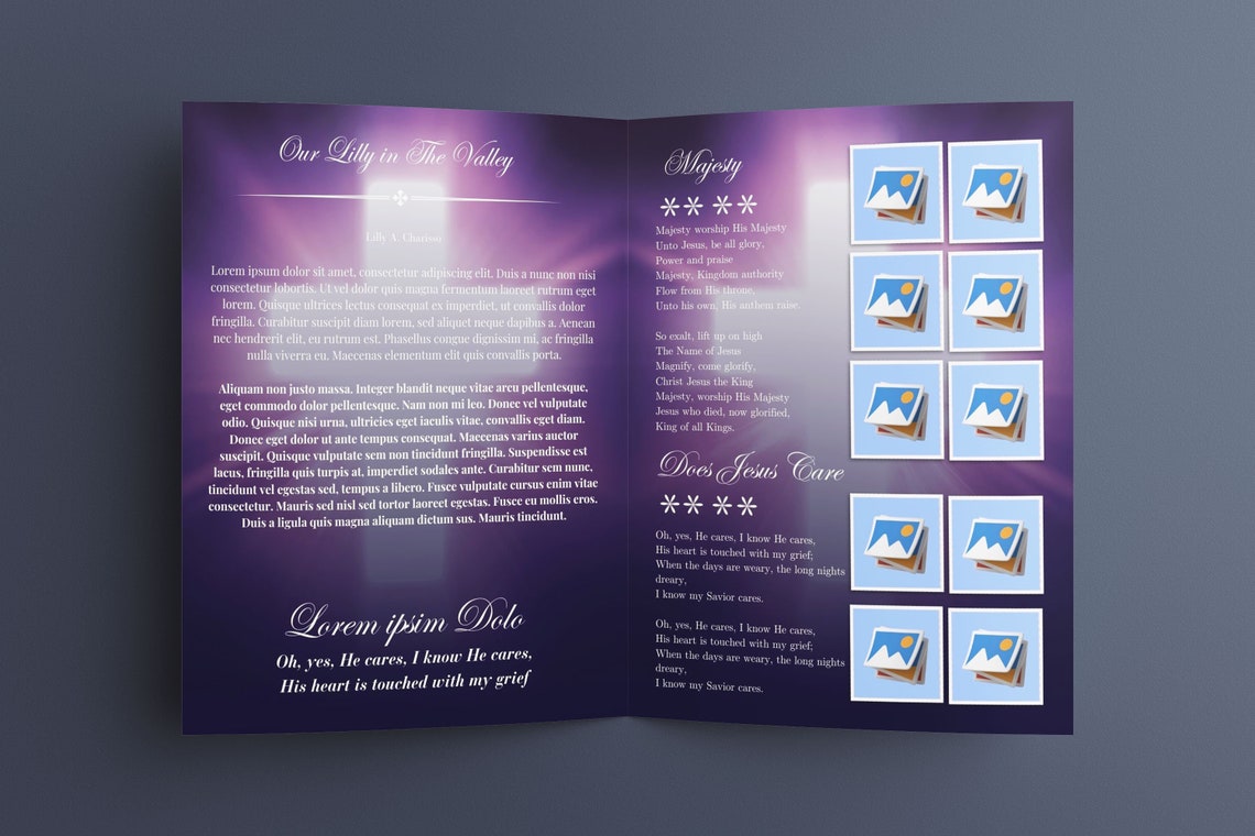 8 Page Funeral BOOKLET Memorial Program Purple Funeral Program ...