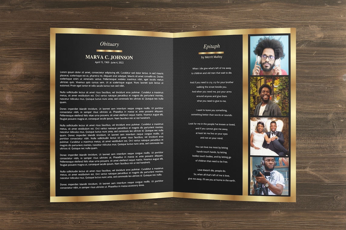 8 Page Black and Gold Funeral Program Template, 8 Page Funeral Booklet Program Template ...