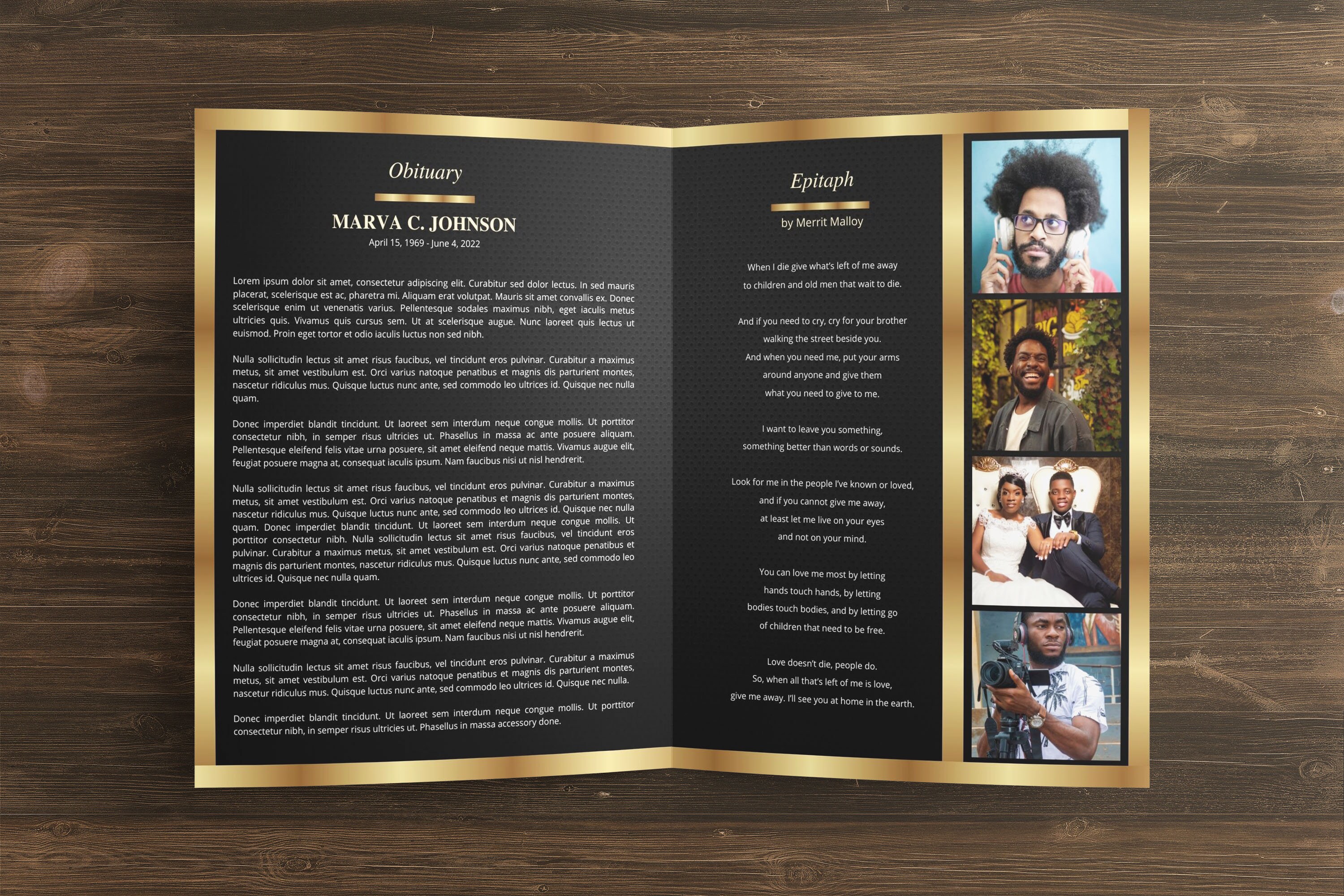 8 Page Black and Gold Funeral Program Template, 8 Page Funeral Booklet ...