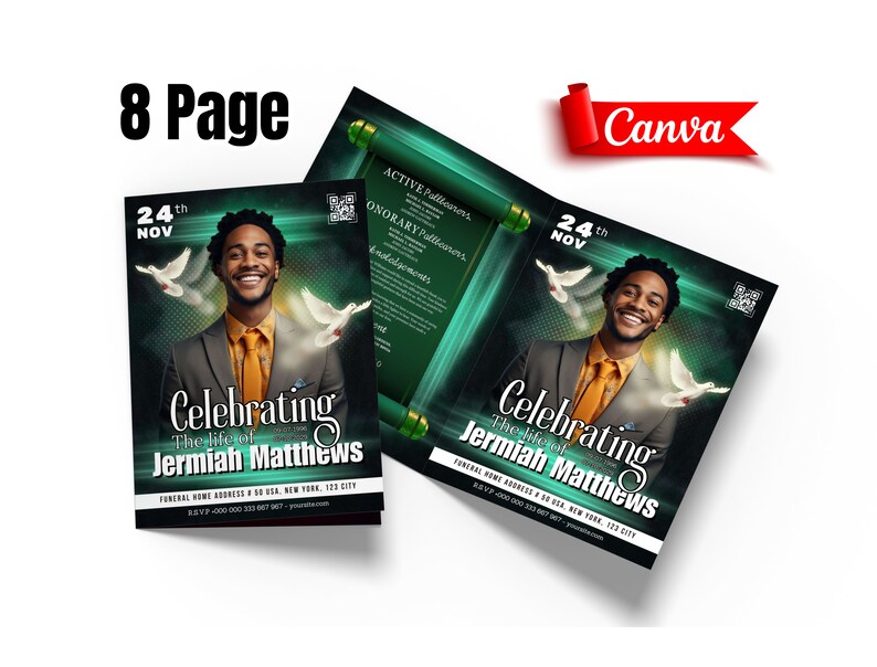 8 Page Green Funeral Program Template, Canva Funeral Booklet Template ...